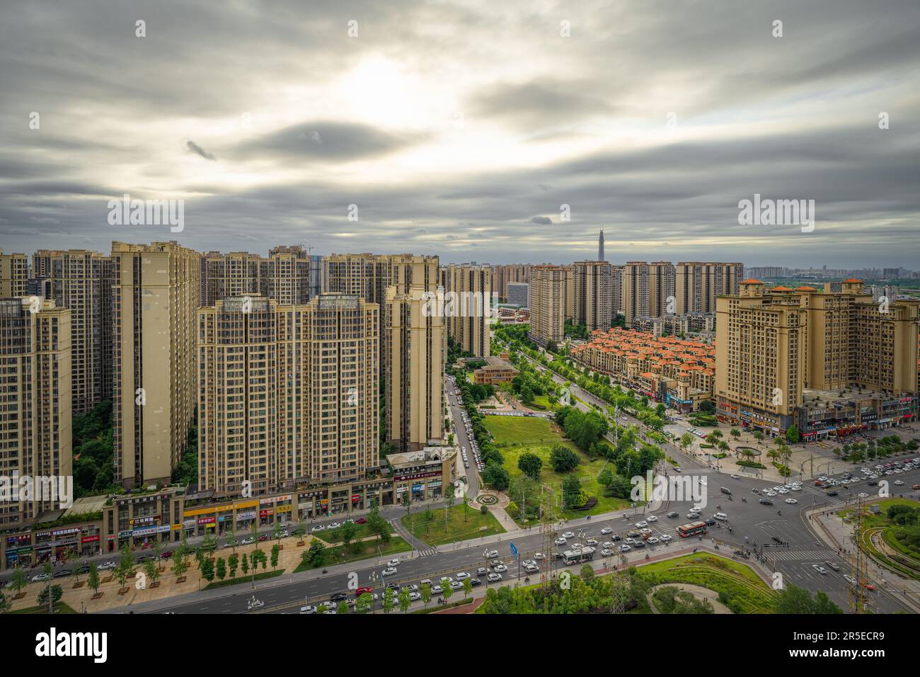 Sunset and evening sunlight shines on residential buildings in Chengdu ...
