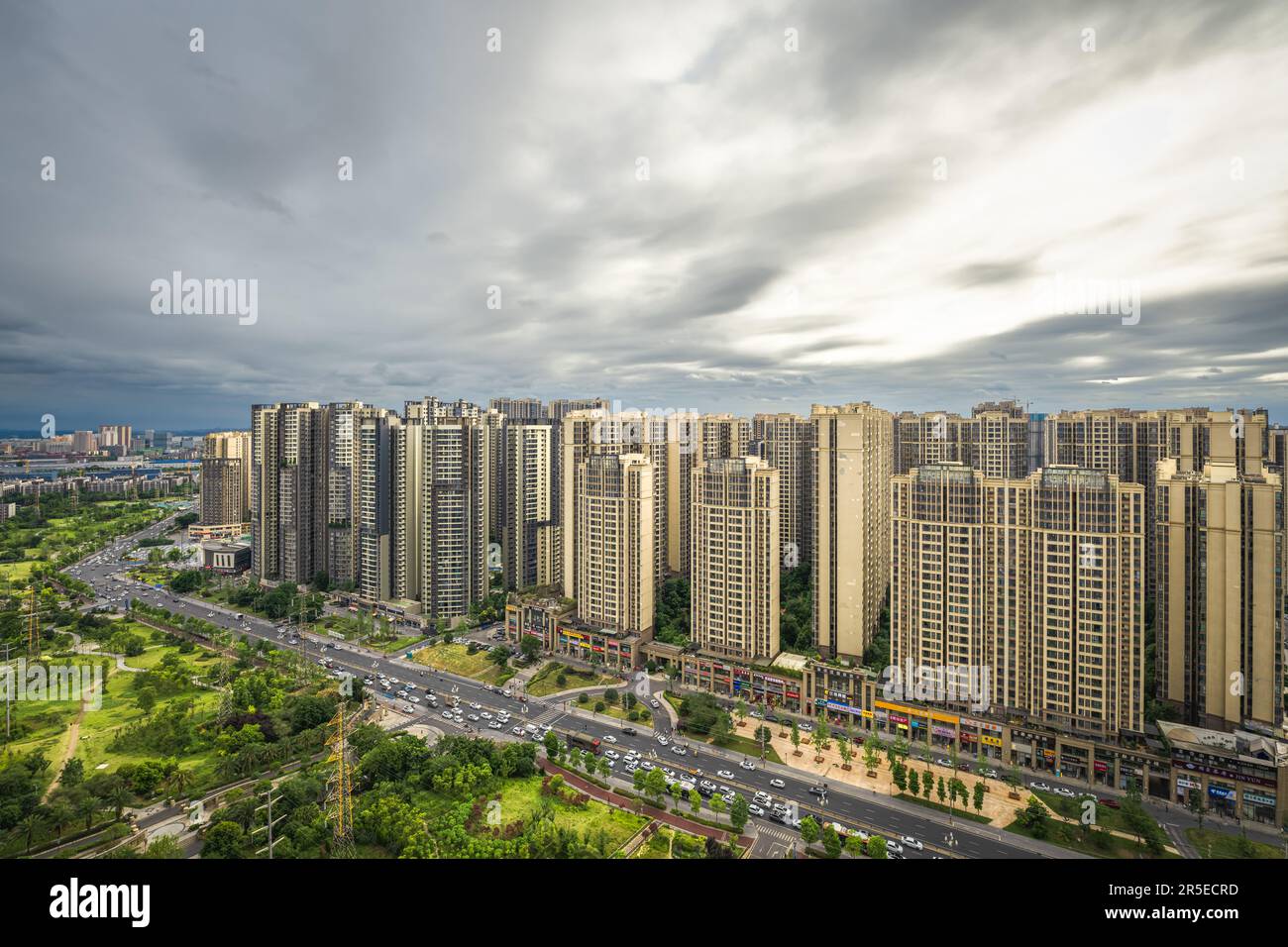Sunset and evening sunlight shines on residential buildings in Chengdu ...