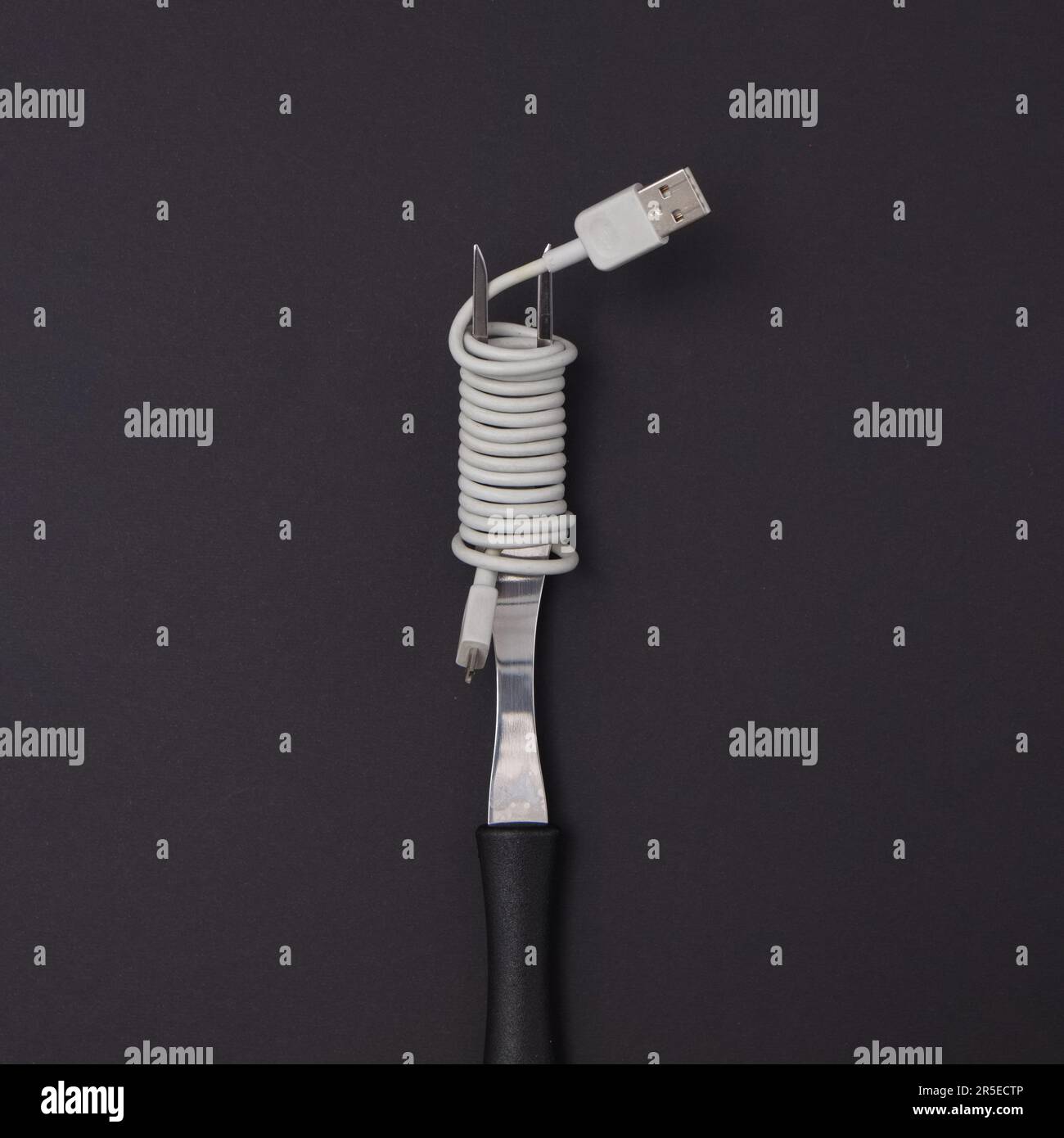 A fork with a USB cable wrapped like spaghetti on a black background ...