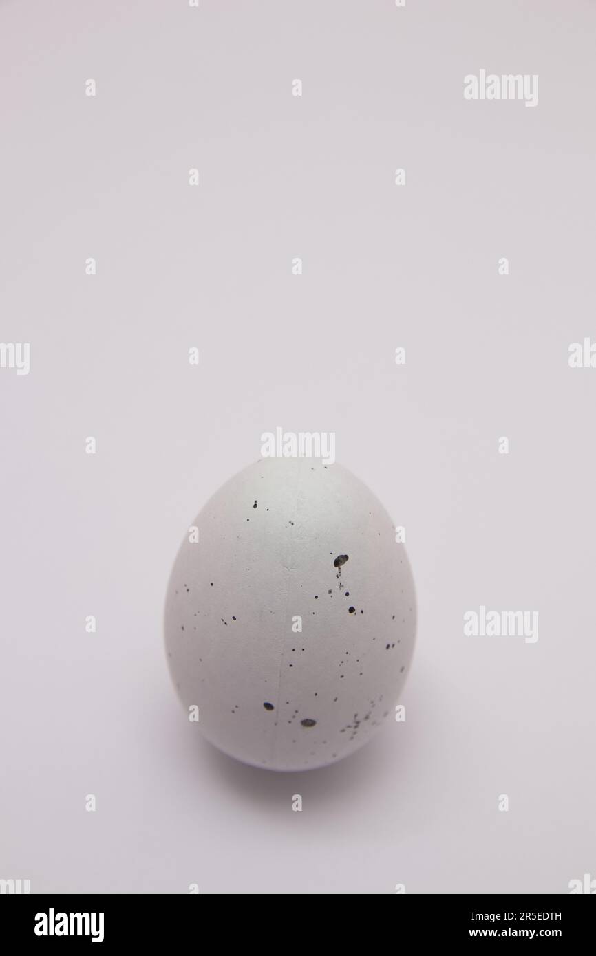 Easter white egg with black spots with copy space on a white background ...
