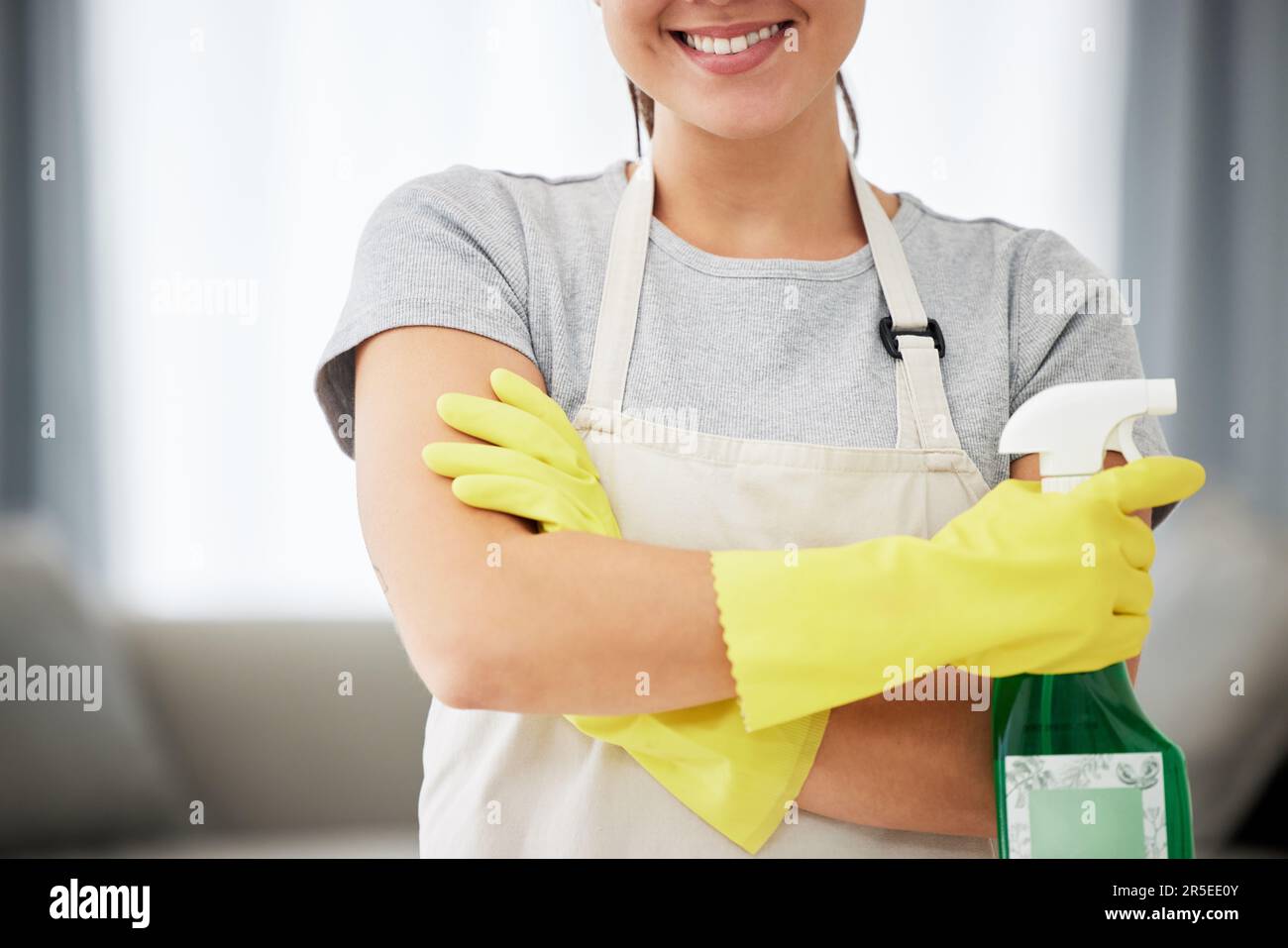 Gloves, cleaning and woman with arms crossed, spray bottle and product ...