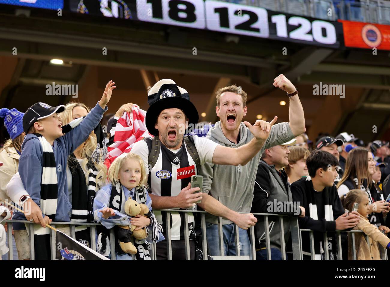 Perth, Australia. 03rd June, 2023. Collingwood supporters cheer after ...