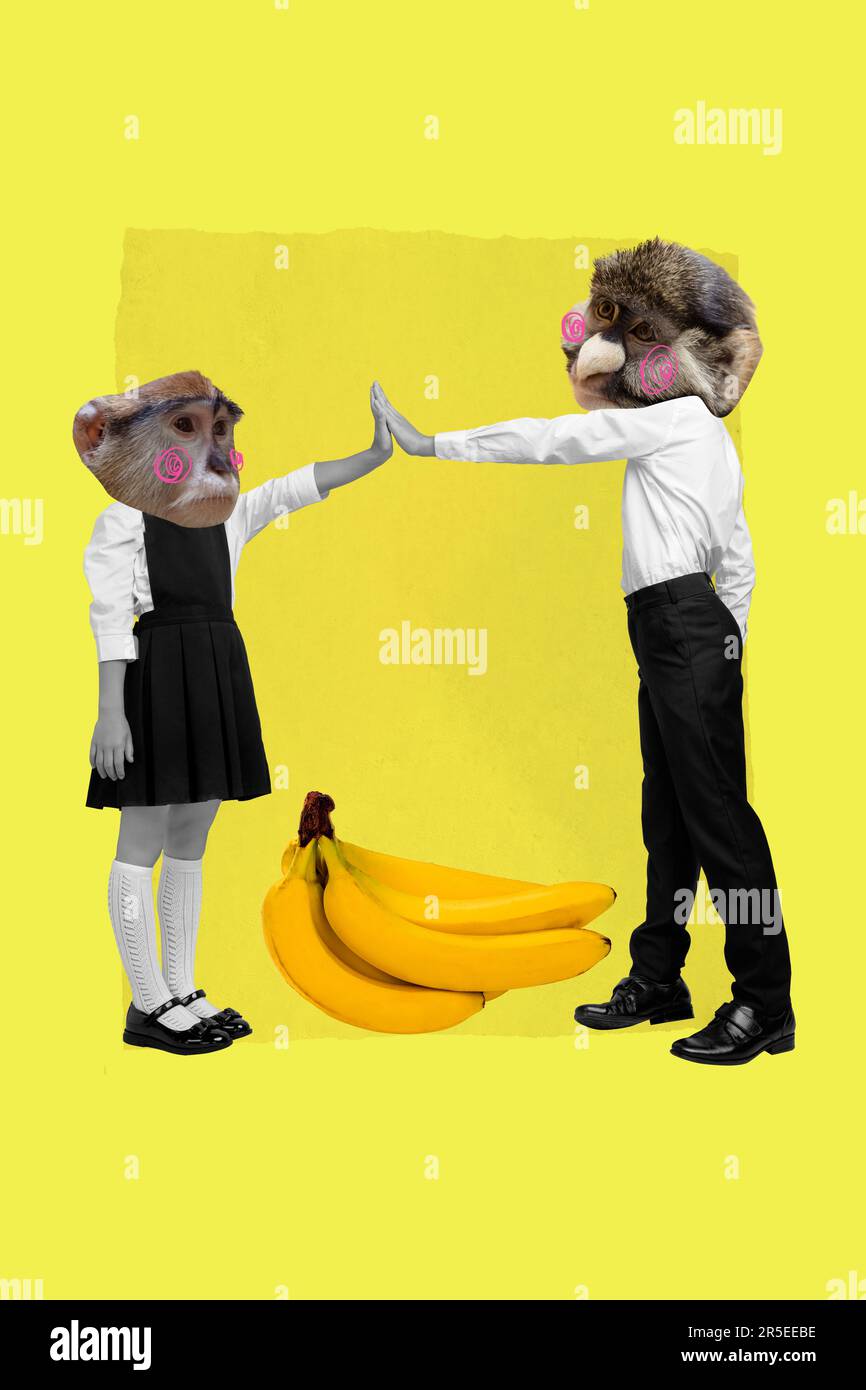 Vertical collage image of two black white effect people monkey head ...
