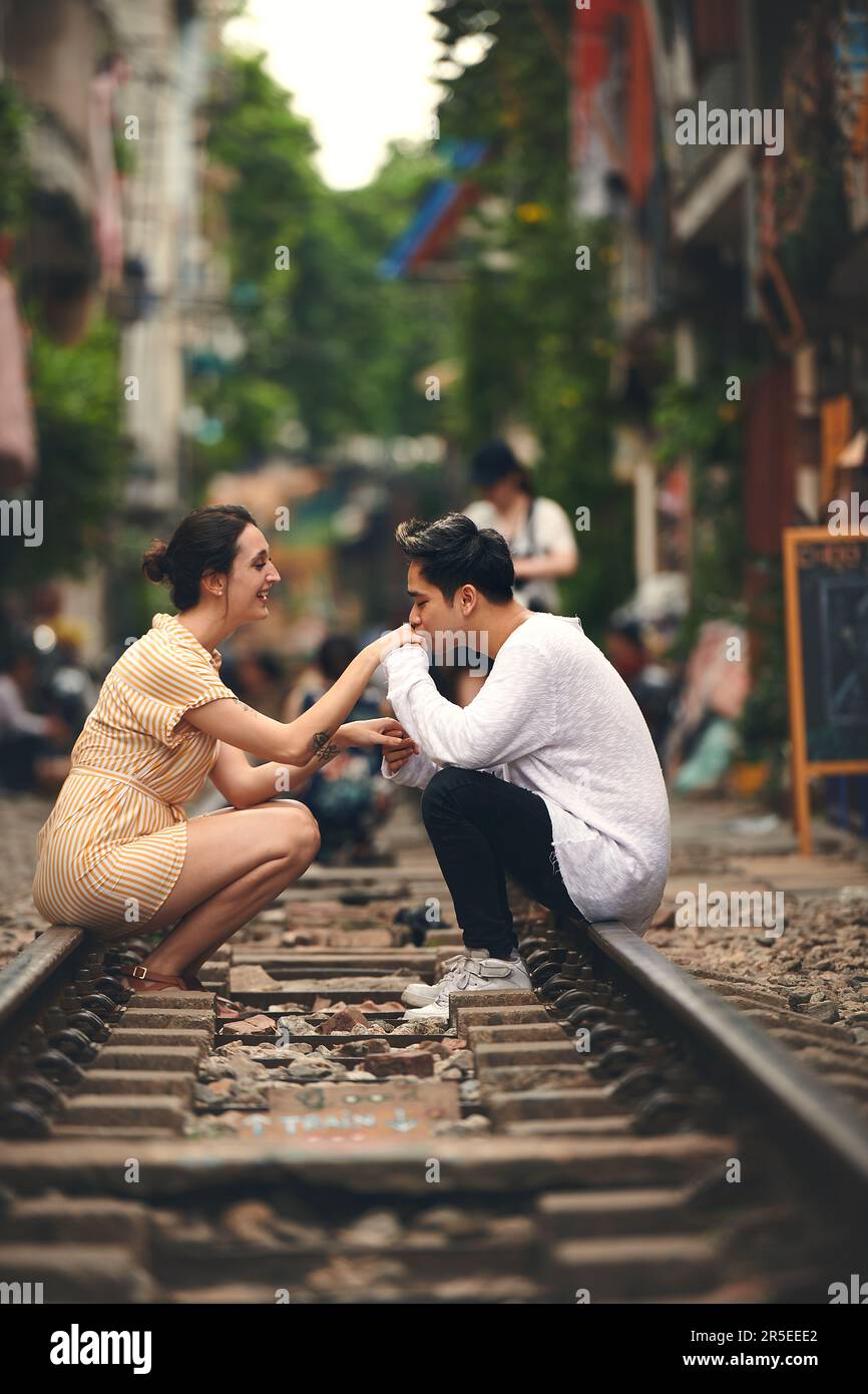 Theyre at romance station now. a young couple sharing a romantic moment ...