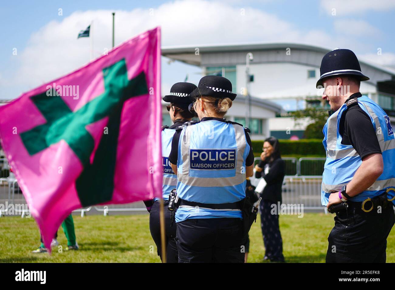 Police Liaison Officers look on in the area where Animal rights protest ...