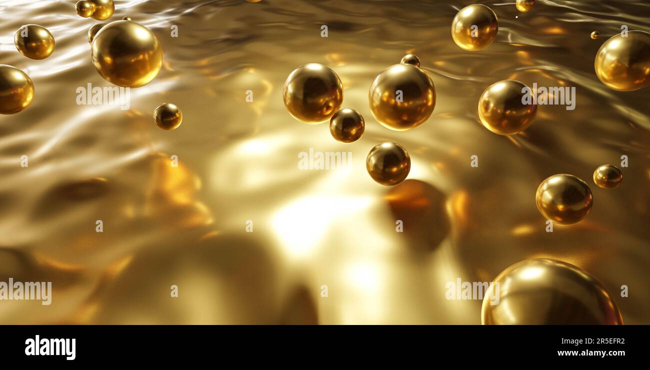 Illustration of shiny gold balls floating in water in 3D render 3d ...