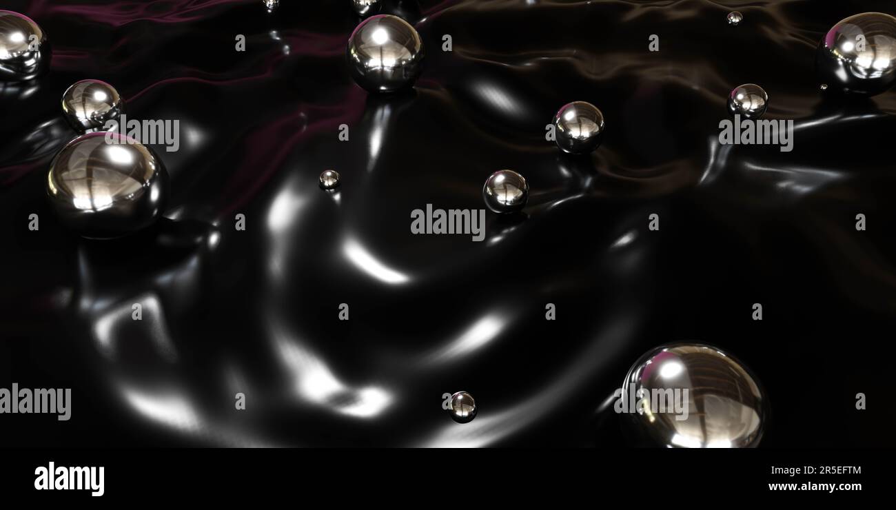 Illustration of shiny balls floating on a black surface in 3D render 3d ...