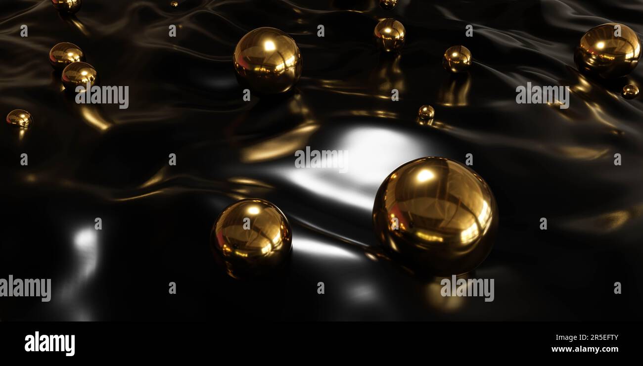 Illustration of shiny gold balls on a dark surface in 3D render 3d ...