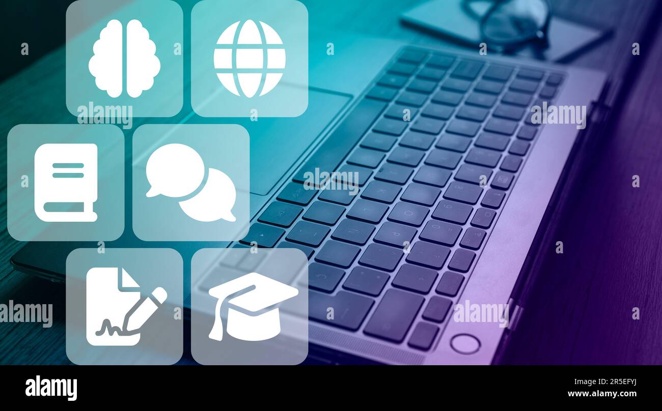 Desktop photo as background with VR interface for online class. E ...