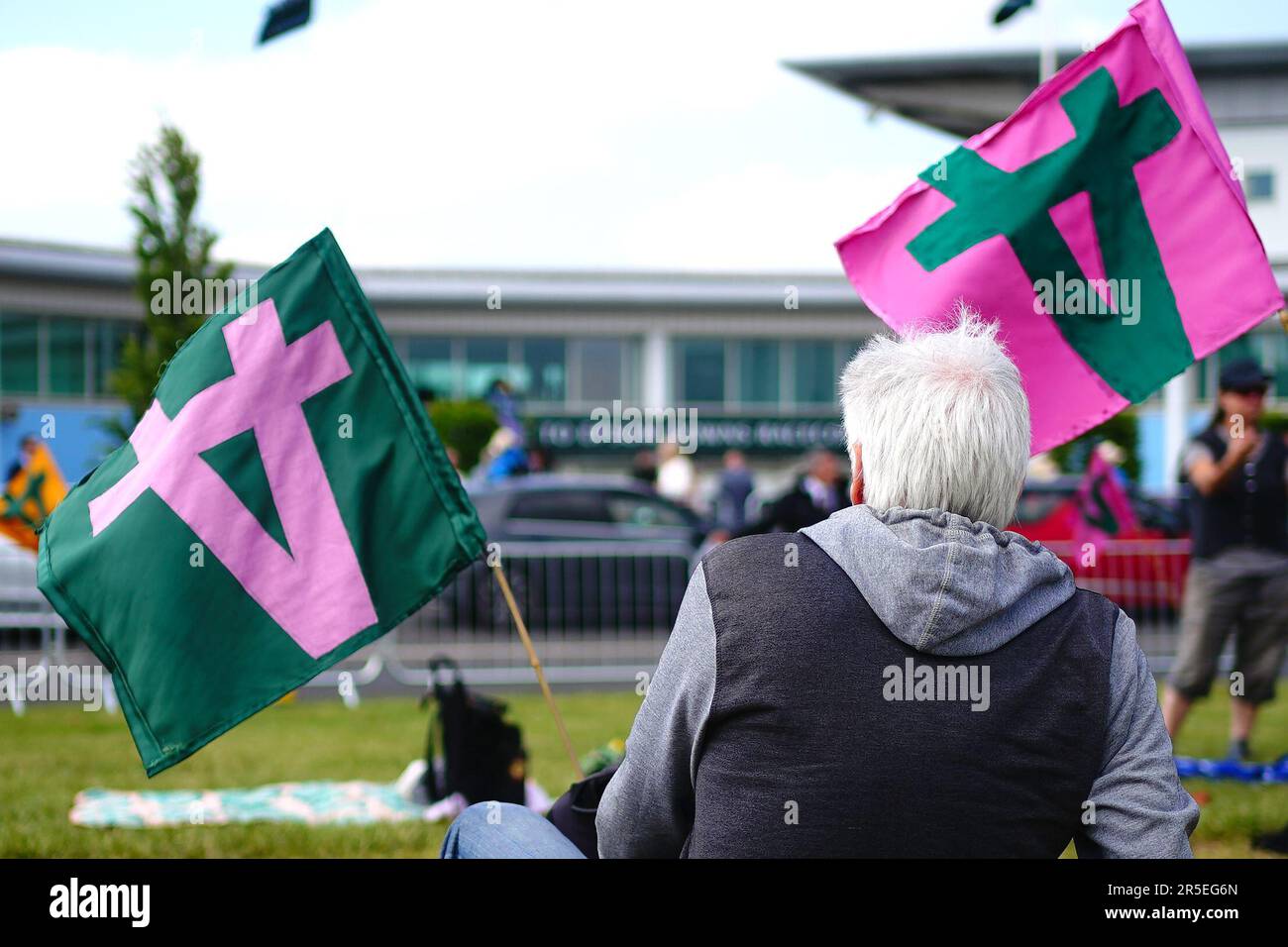 Animal rights protest group Animal Rising outside the entrance to the ...