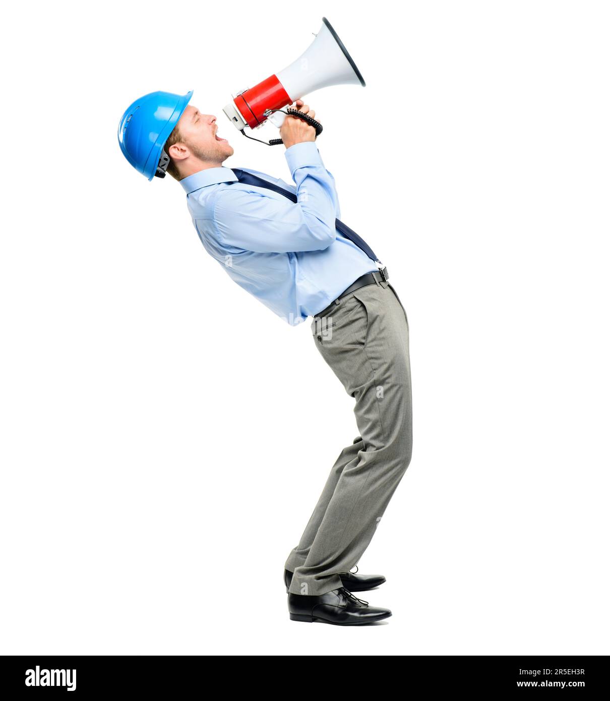 Construction worker, engineer and a man shouting into a megaphone in ...