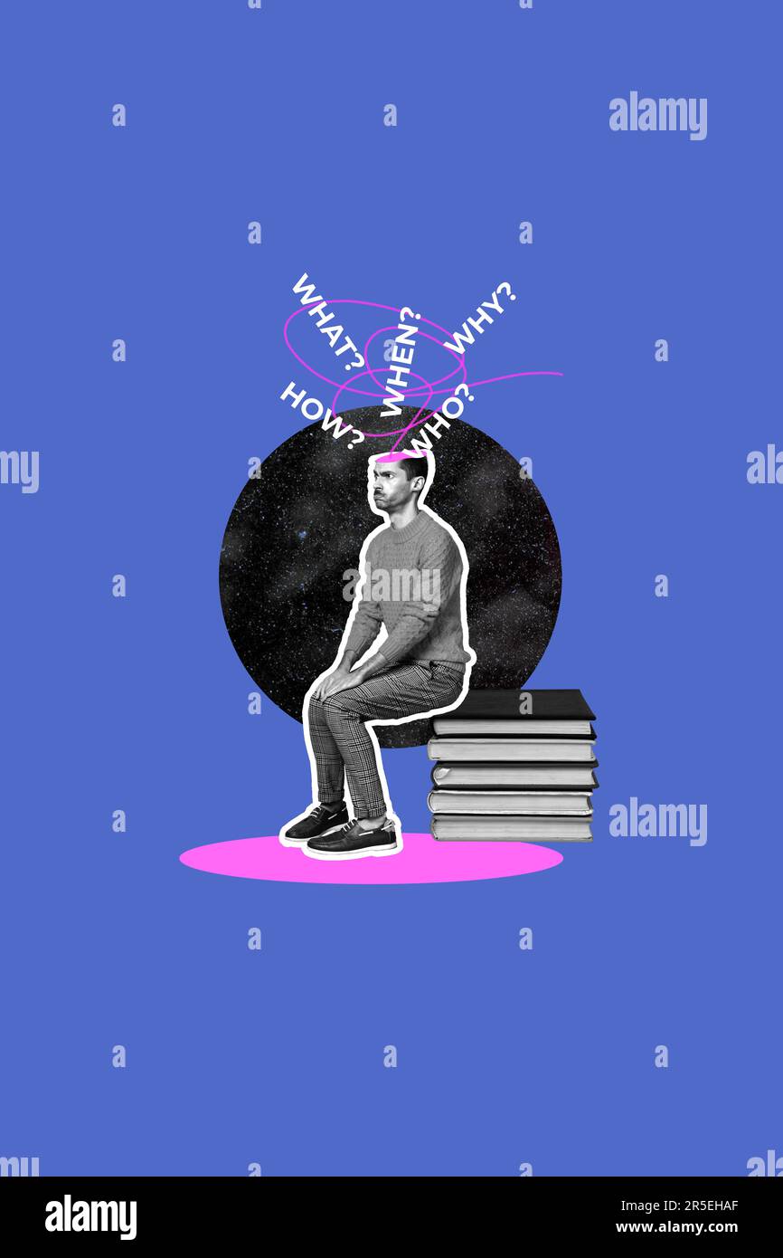 Creative surreal template collage of pensive young guy have many ...