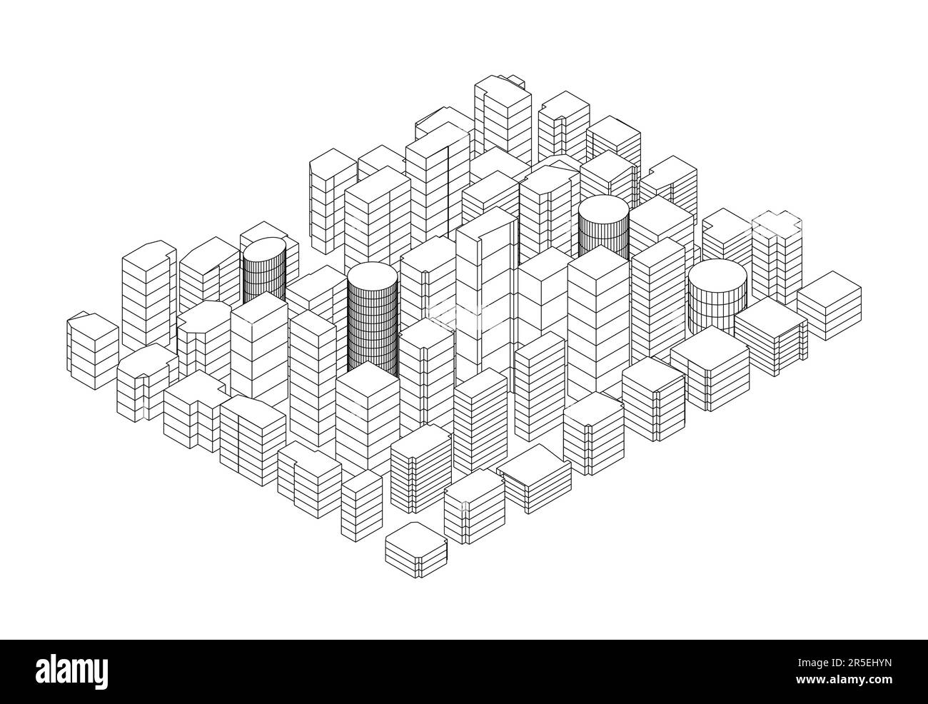 Abstract city wireframe from black lines isolated on white background. Isometric view. 3D ...