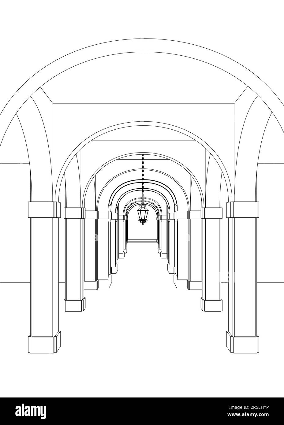 Outline of an ancient corridor with columns made of black lines isolated on a white background ...