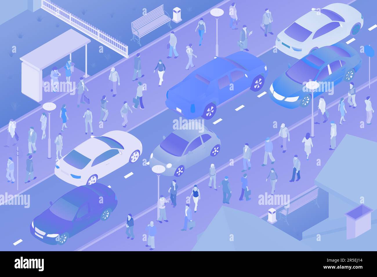 Street with cars and people walking in flat style. Isometric view. 3D ...