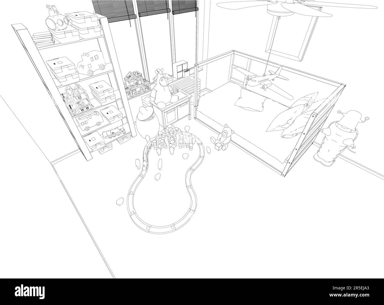 Outline of a children room with toys from black lines isolated on a ...