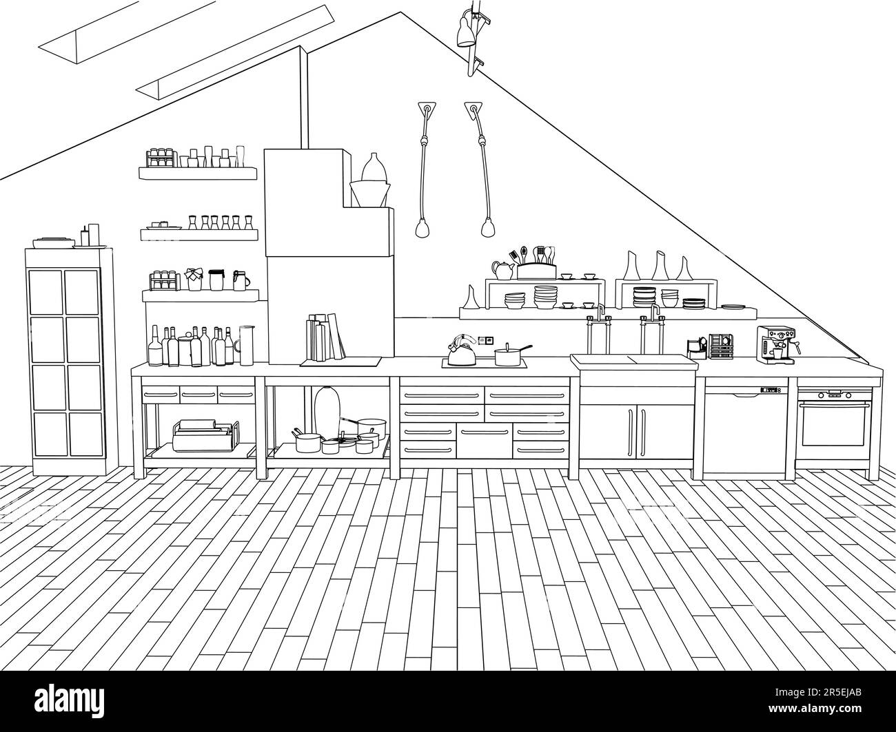 Outline of a large kitchen with black line fittings isolated on a white ...