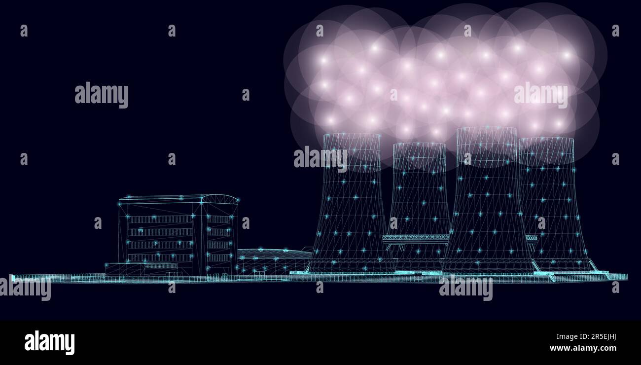Nuclear power plant wireframe with glowing lights from blue lines ...