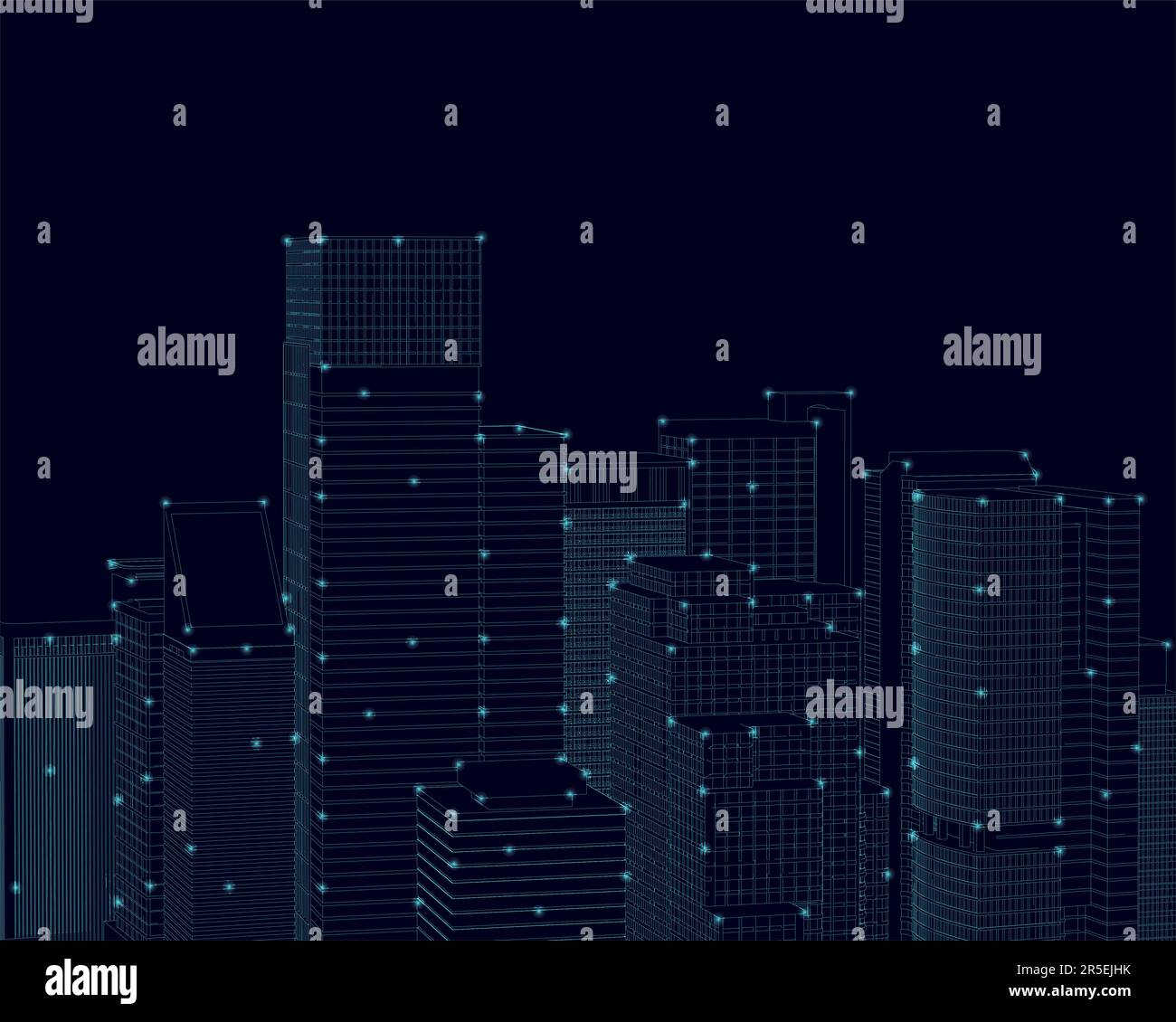 Outline of many skyscrapers made of blue lines with glowing lights ...