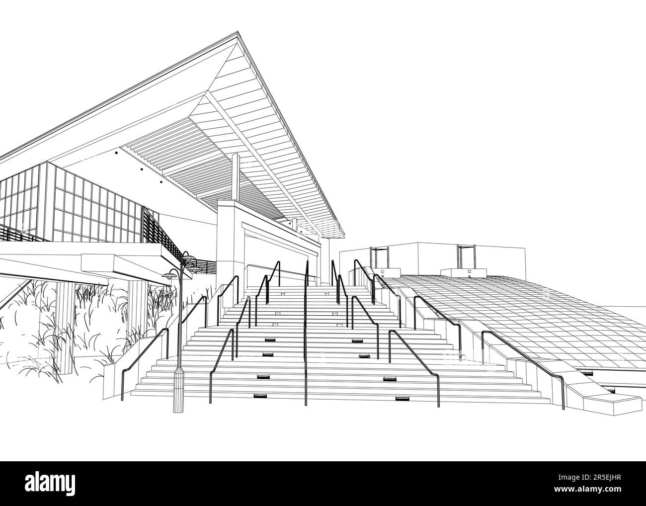 Outline of a large staircase and a building from black lines isolated on a white background. 3D ...