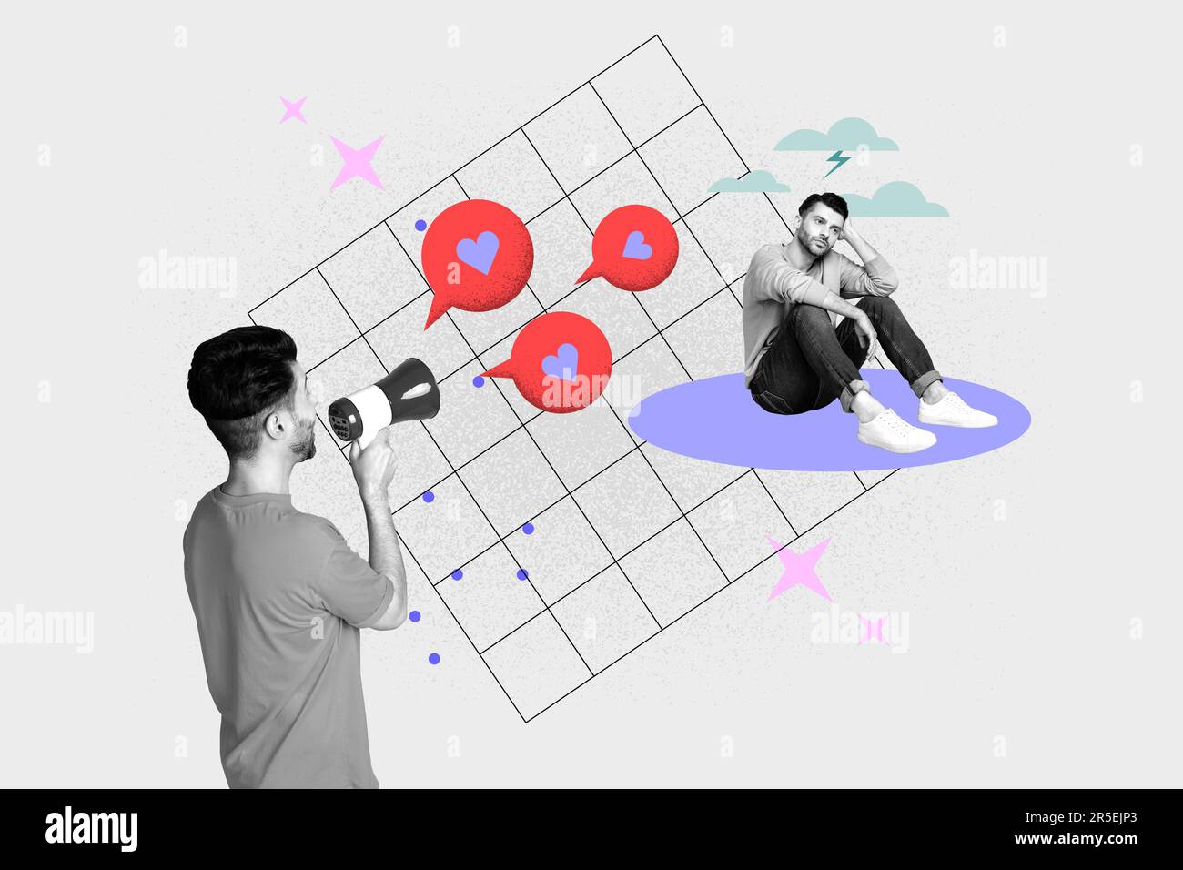 Creative template collage of guy psychotherapist use bullhorn spreading ...