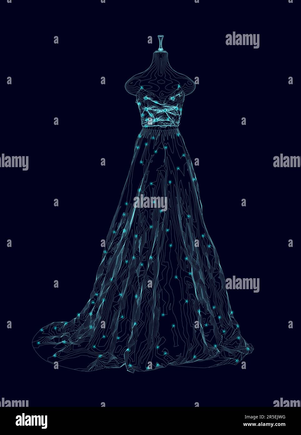 The contour of a wedding dress on a mannequin made of blue lines with ...