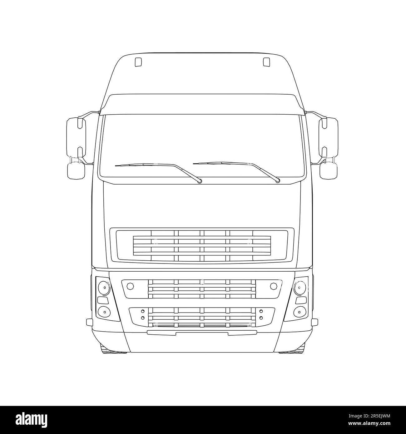 Outline of a truck without a trailer from black lines isolated on a white background. Front view ...