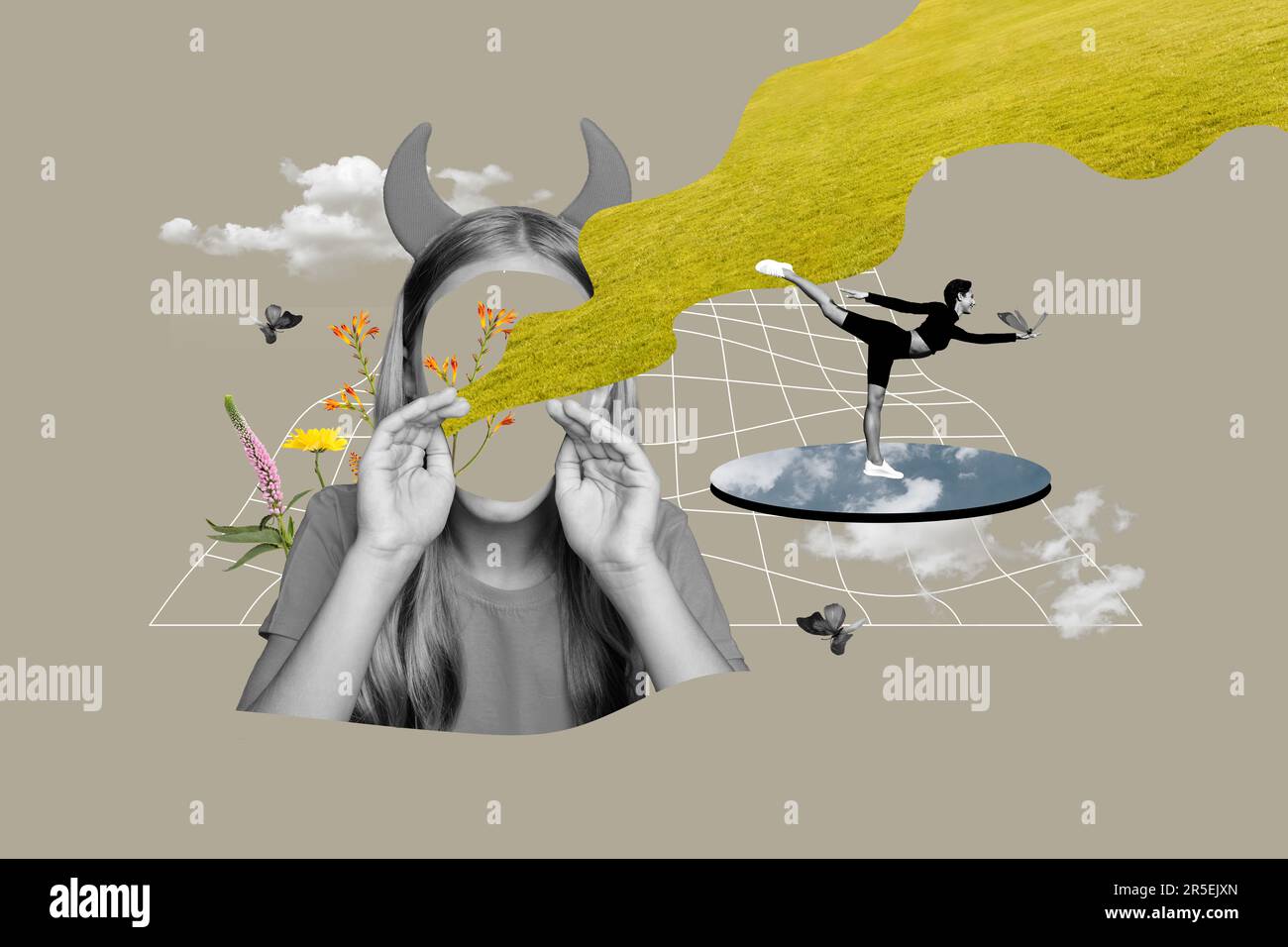 Poster banner advert collage of surreal bizarre theme game for summer ...