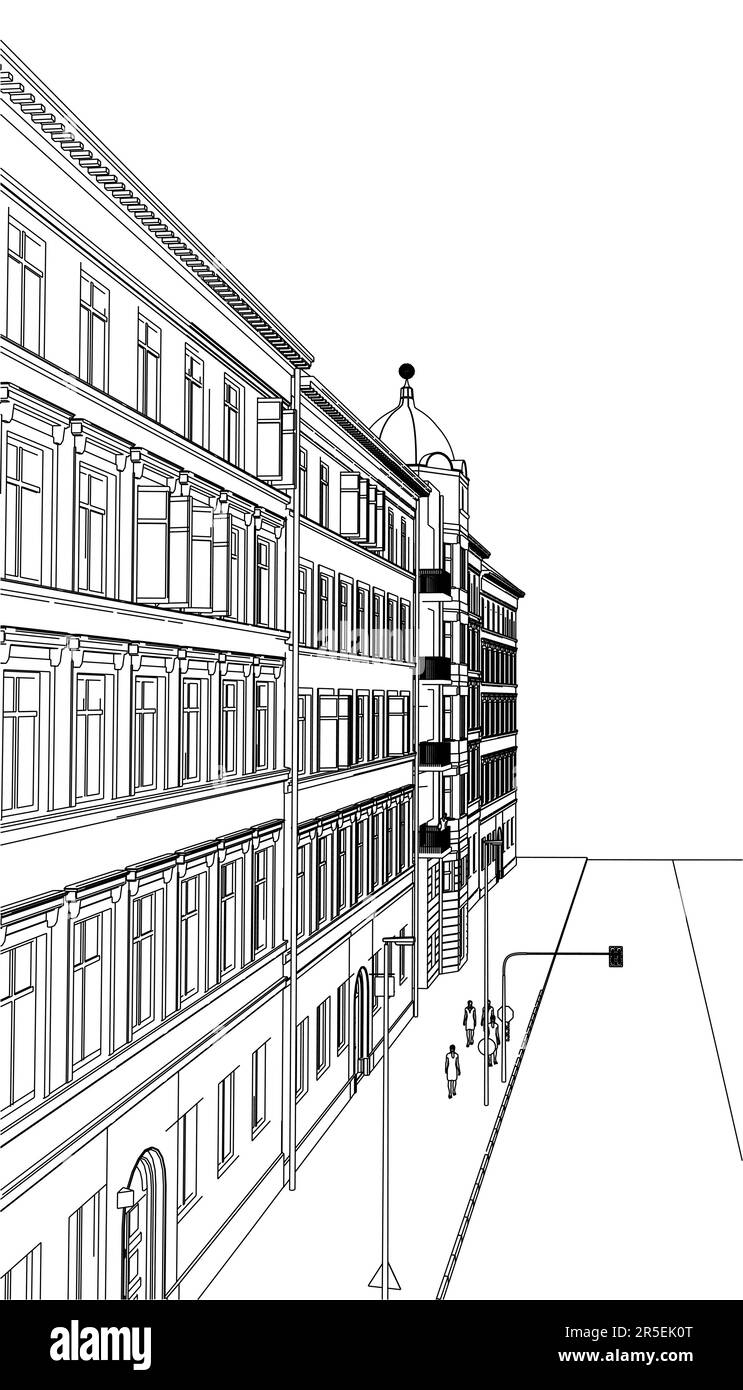 Outline of a street with houses and people from black lines isolated on a white background ...