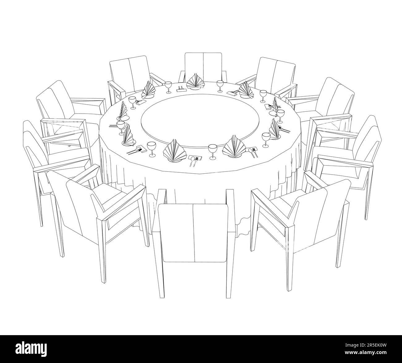 Outline of a round table with chairs from black lines isolated on a ...
