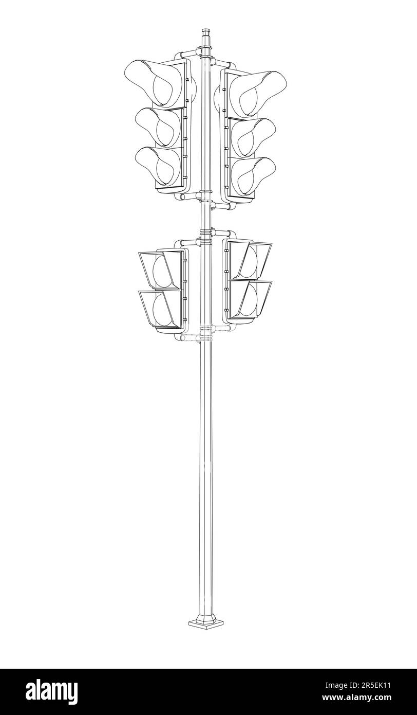 Traffic light outline from black lines isolated on white background. 3D. Vector illustration ...