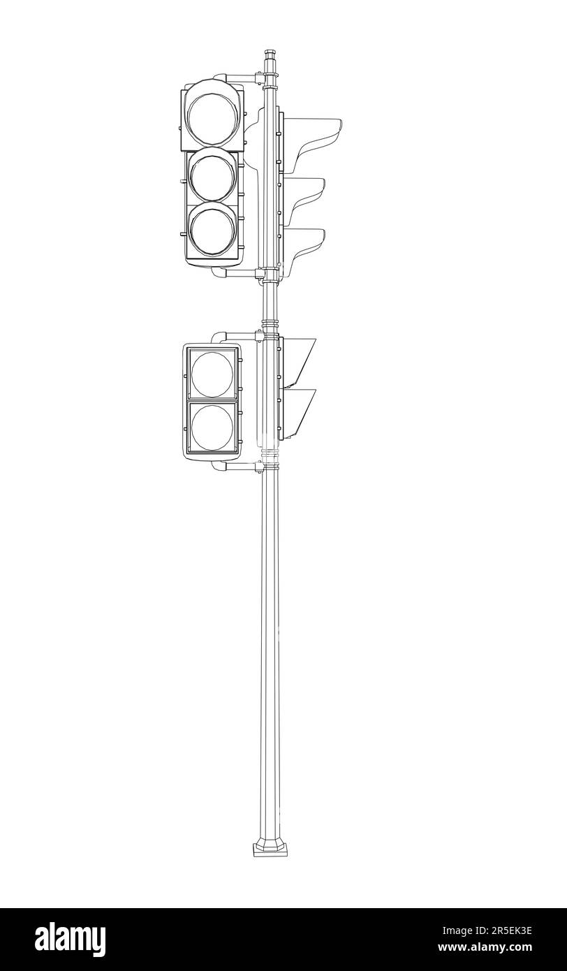 Traffic light outline from black lines isolated on white background. 3D ...