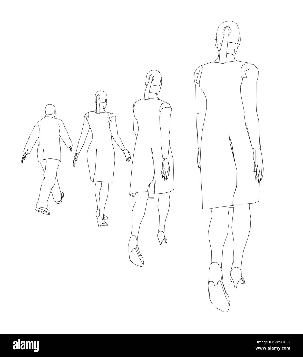 Outline of walking people in a row of black lines isolated on a white ...