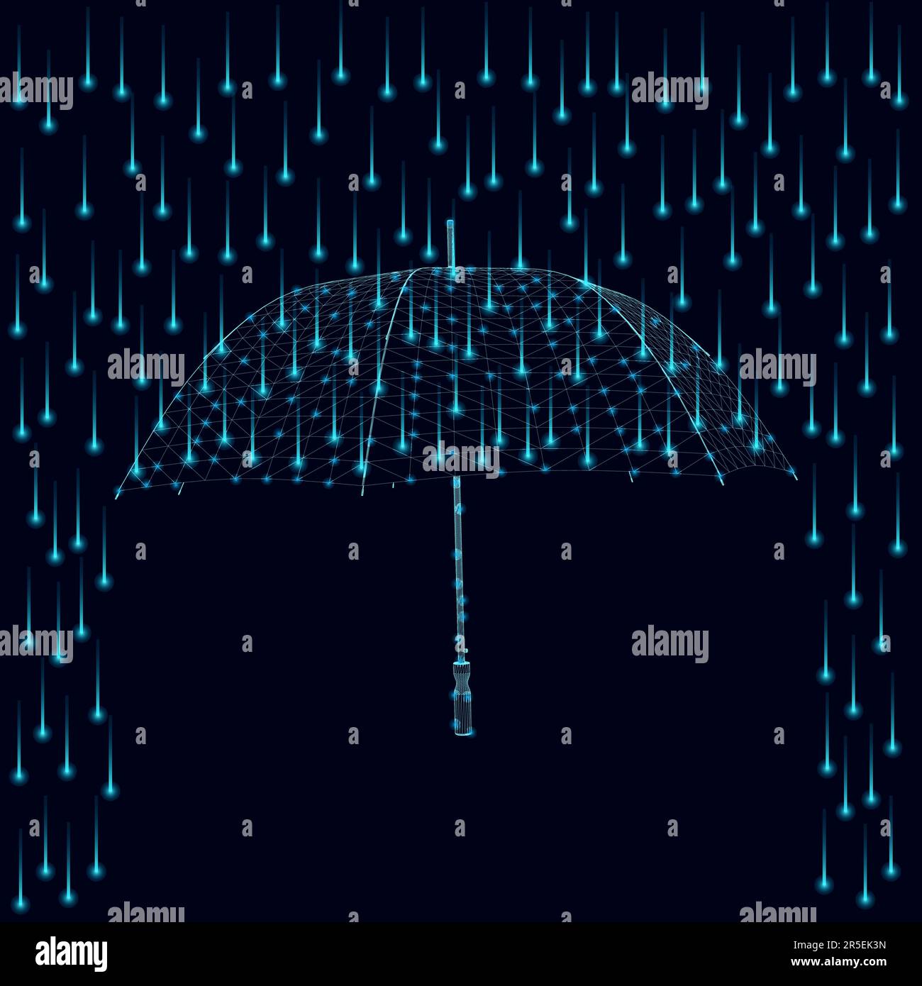 Umbrella wireframe in the rain from blue lines with glowing lights from ...
