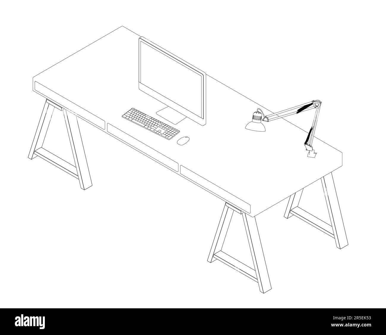 The contour of the workplace with a computer on the table and a lamp ...