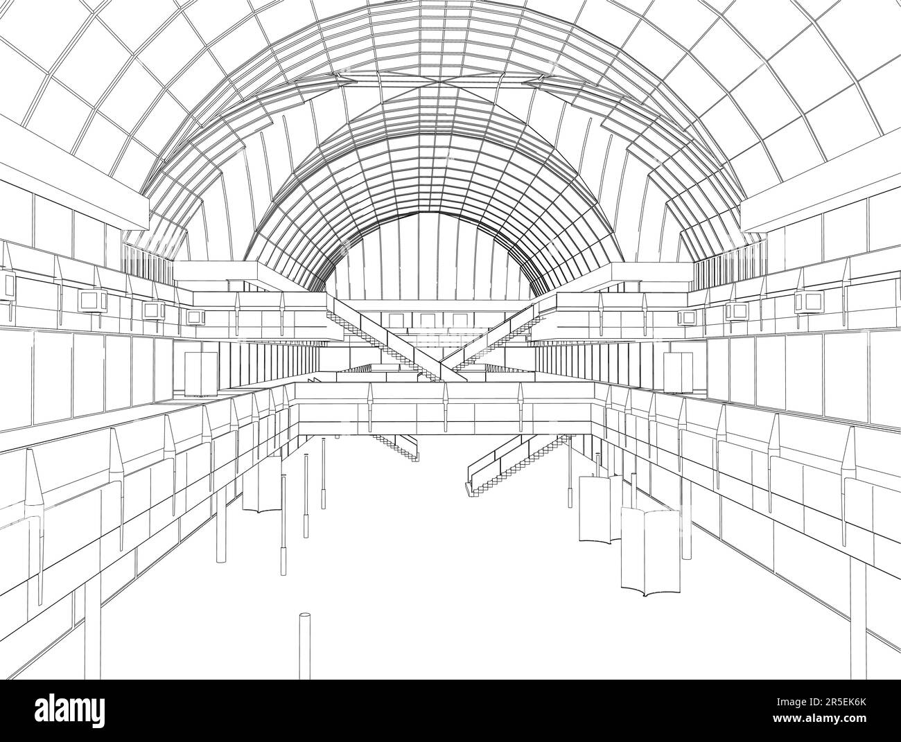 Outline of a large hall with stairs made of black lines isolated on a white background. Airport ...
