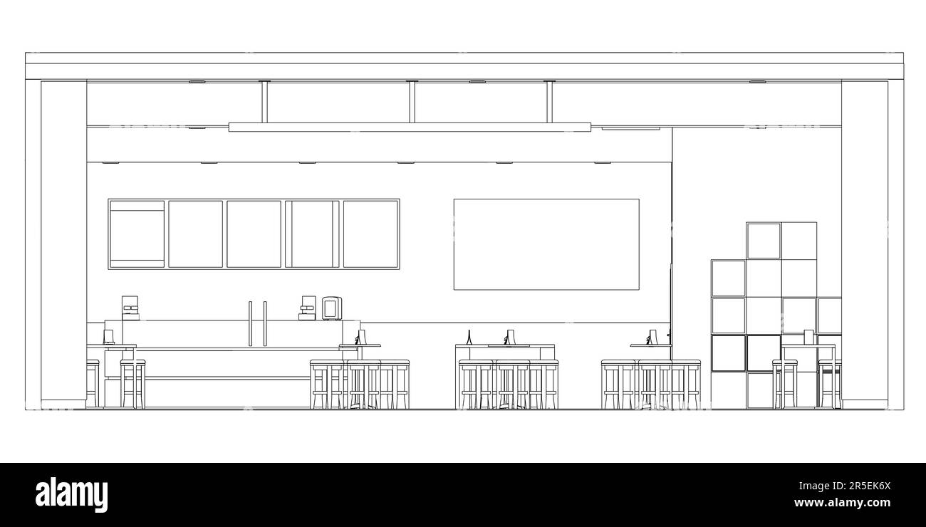 The contour of the cafe room with tables and chairs from black lines isolated on a white ...