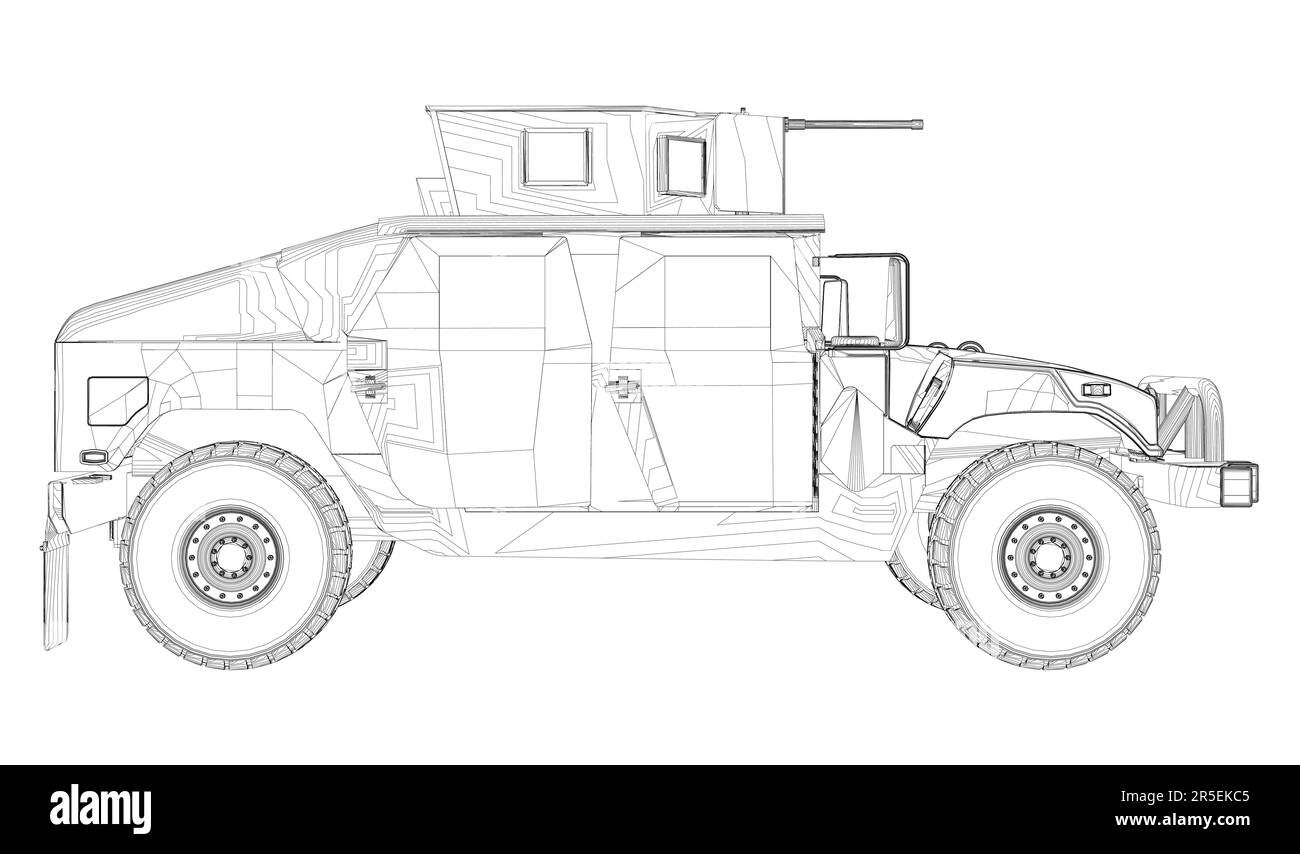 Outline Of A Combat Jeep With Weapons From Black Lines Isolated On A White Background Side View