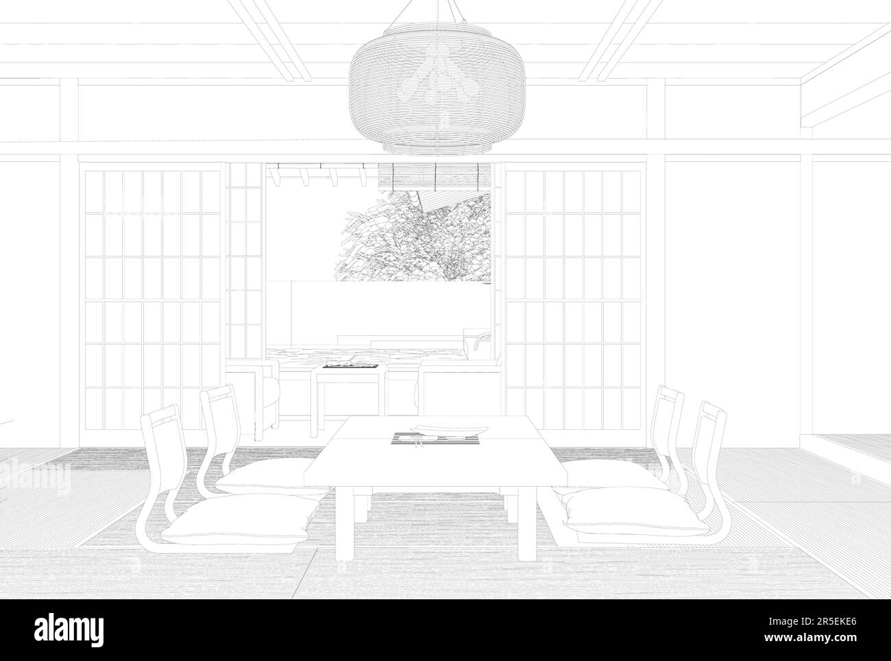 Outline of a Japanese dining room from black lines isolated on a white ...
