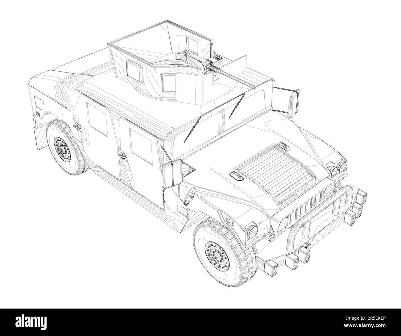 Outline of a combat jeep with weapons from black lines isolated on a white background. Isometric ...