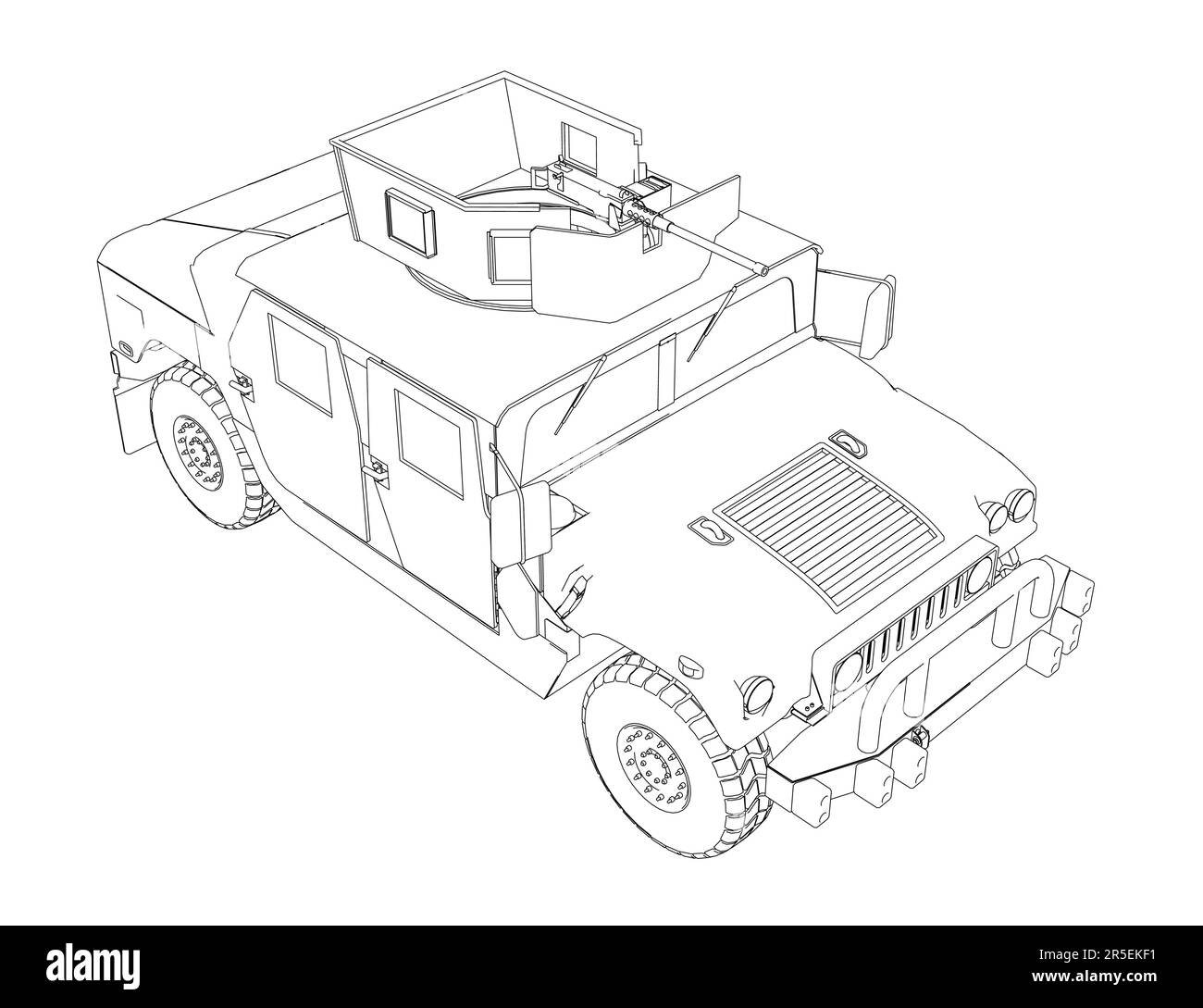 Outline of a combat jeep with weapons from black lines isolated on a ...