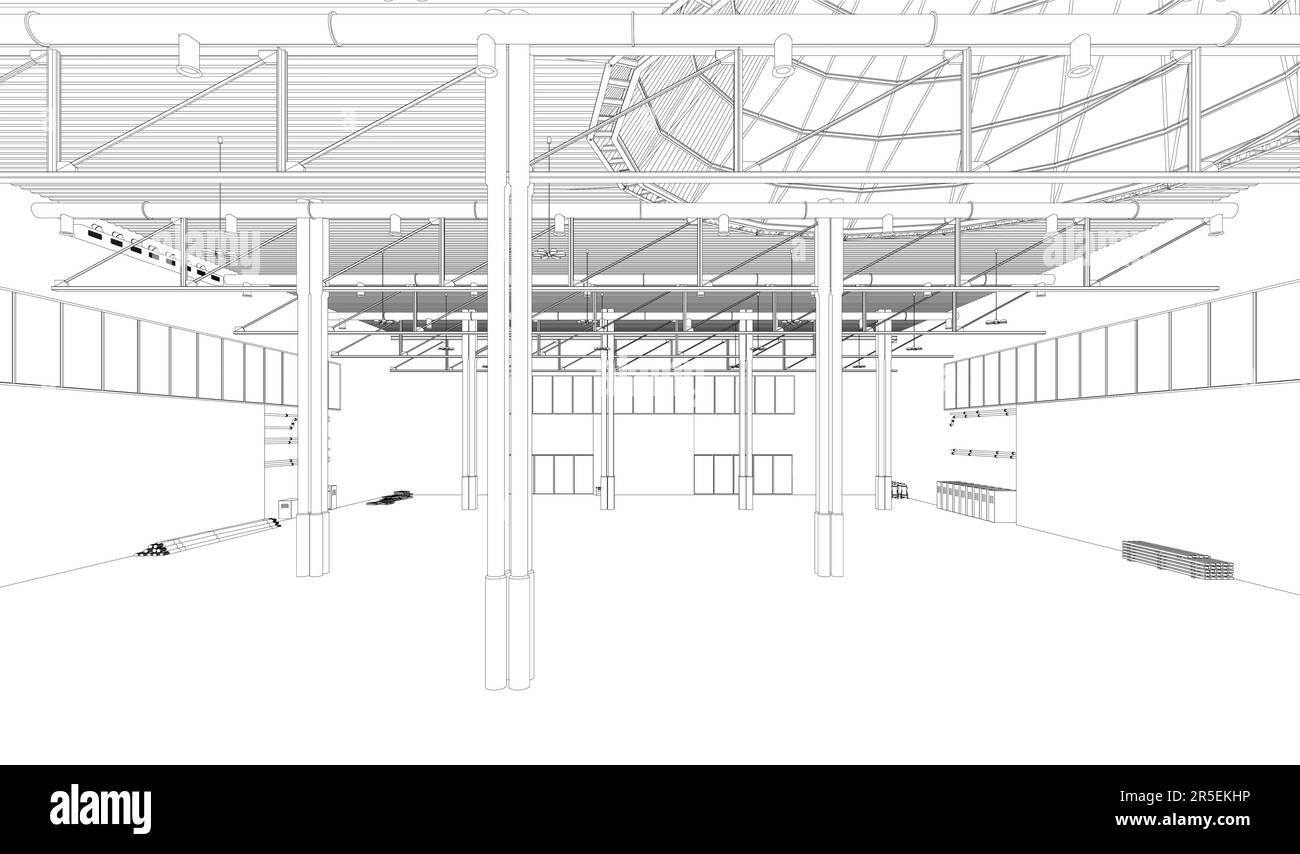 Hangar outline from black lines isolated on white background. Warehouse space. 3D. Vector ...