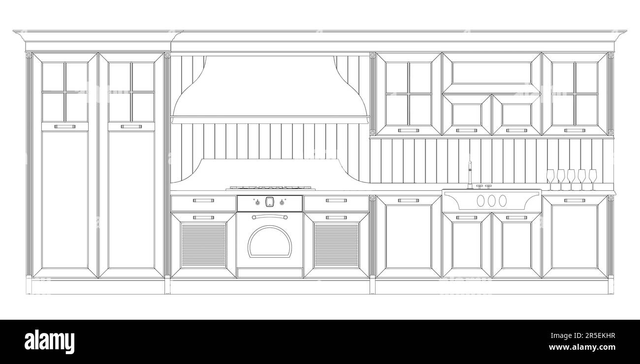 The outline of the finished assembled kitchen from black lines isolated ...