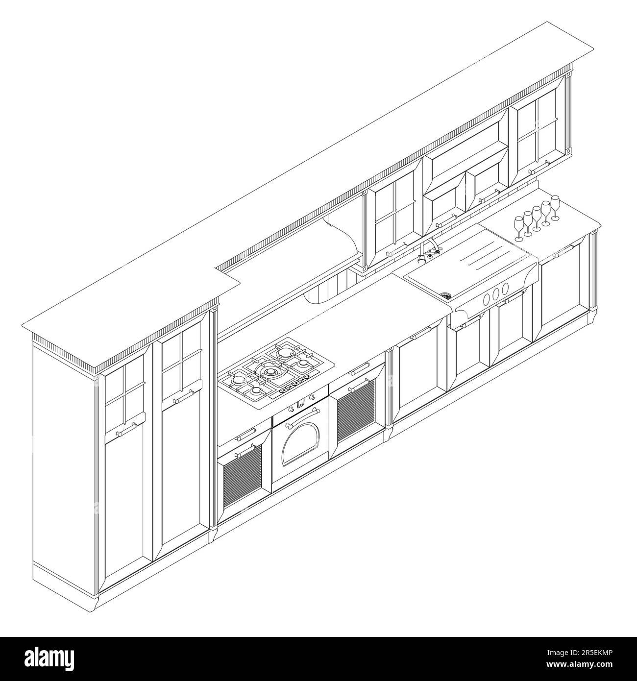 The outline of the finished assembled kitchen from black lines isolated on a white background ...