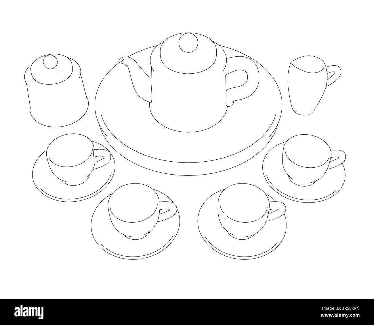 Outline of tea set with cups and teapot from black lines isolated on ...