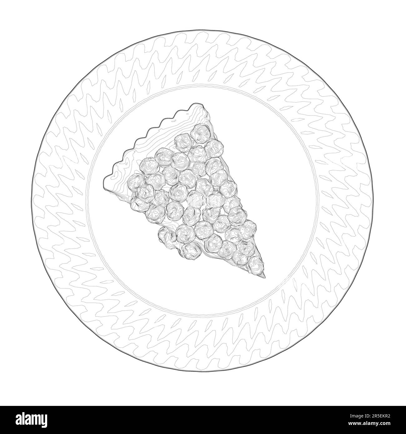 Outline of a piece of pie with berries on a plate from black lines ...
