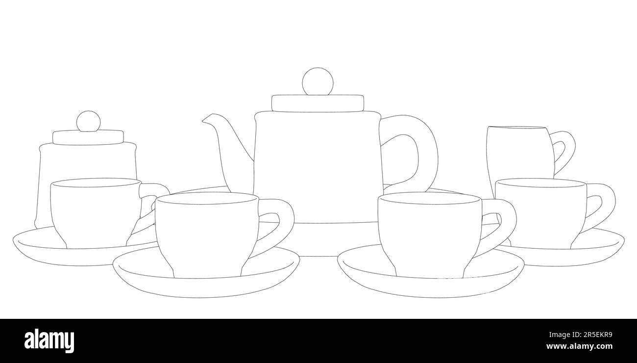 Outline of tea set with cups and teapot from black lines isolated on ...