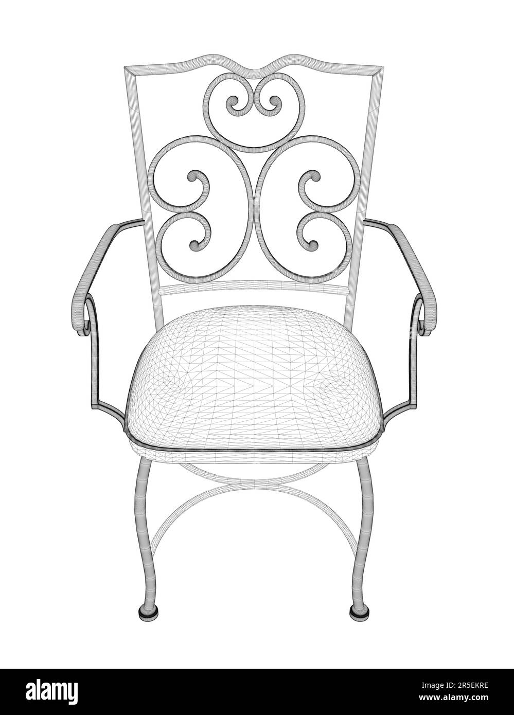 Black line decorative vintage chair wireframe isolated on white background. Front view. 3D ...