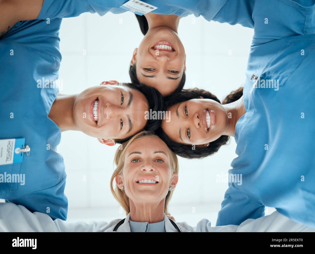 Diversity, teamwork or faces of nurses in huddle with a happy smile ...