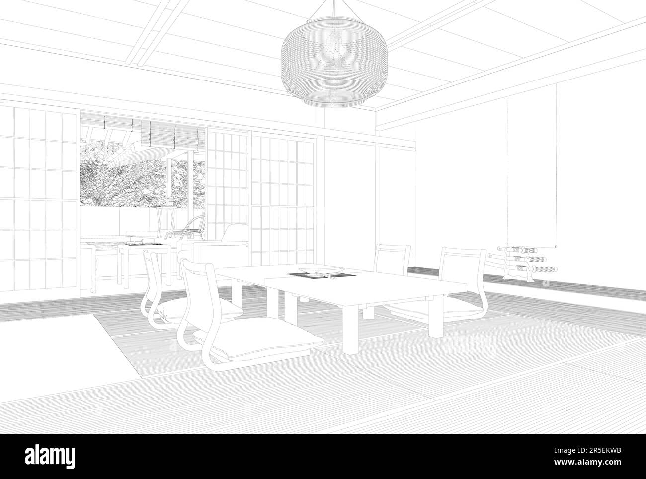 Outline of a Japanese dining room from black lines isolated on a white ...